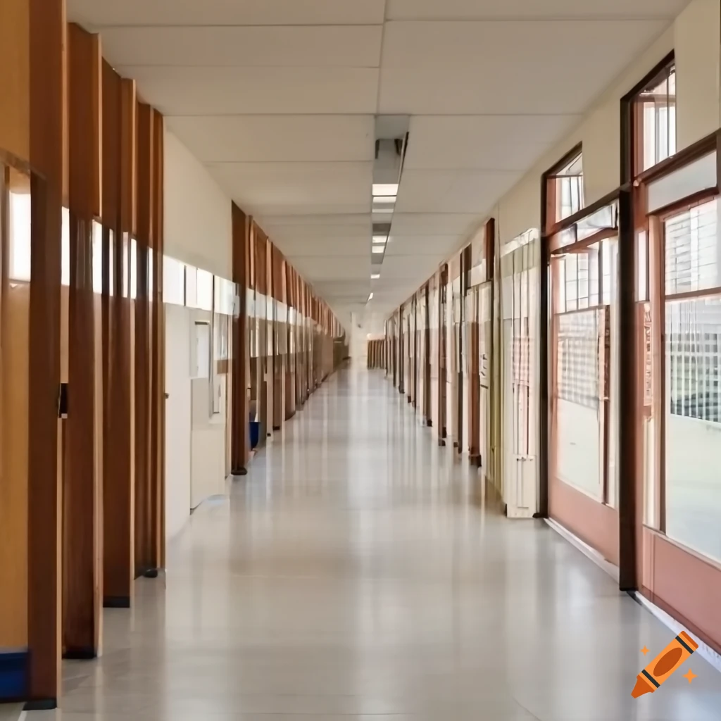 School corridor with classrooms and a hall on Craiyon