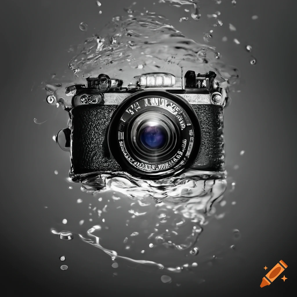 Vintage camera submerged in water in a photorealistic monochrome ...