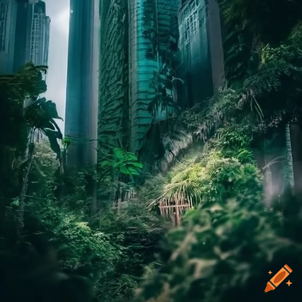 Dystopian futuristic nature landscape with tall buildings in a south ...
