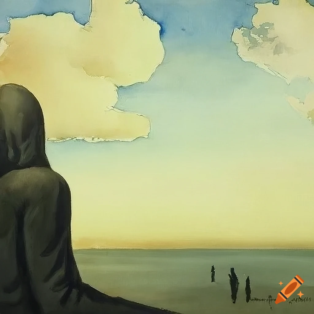 Watercolor landscape with white figure, inspired by rené magritte on ...