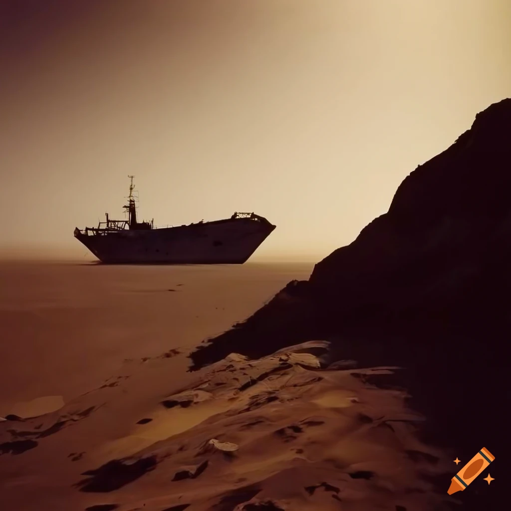 Wrecked cargo ship in a remote desert landscape on Craiyon