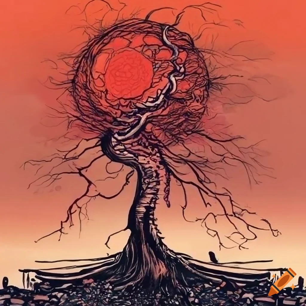 Ancient japanese style tree with red sun on Craiyon