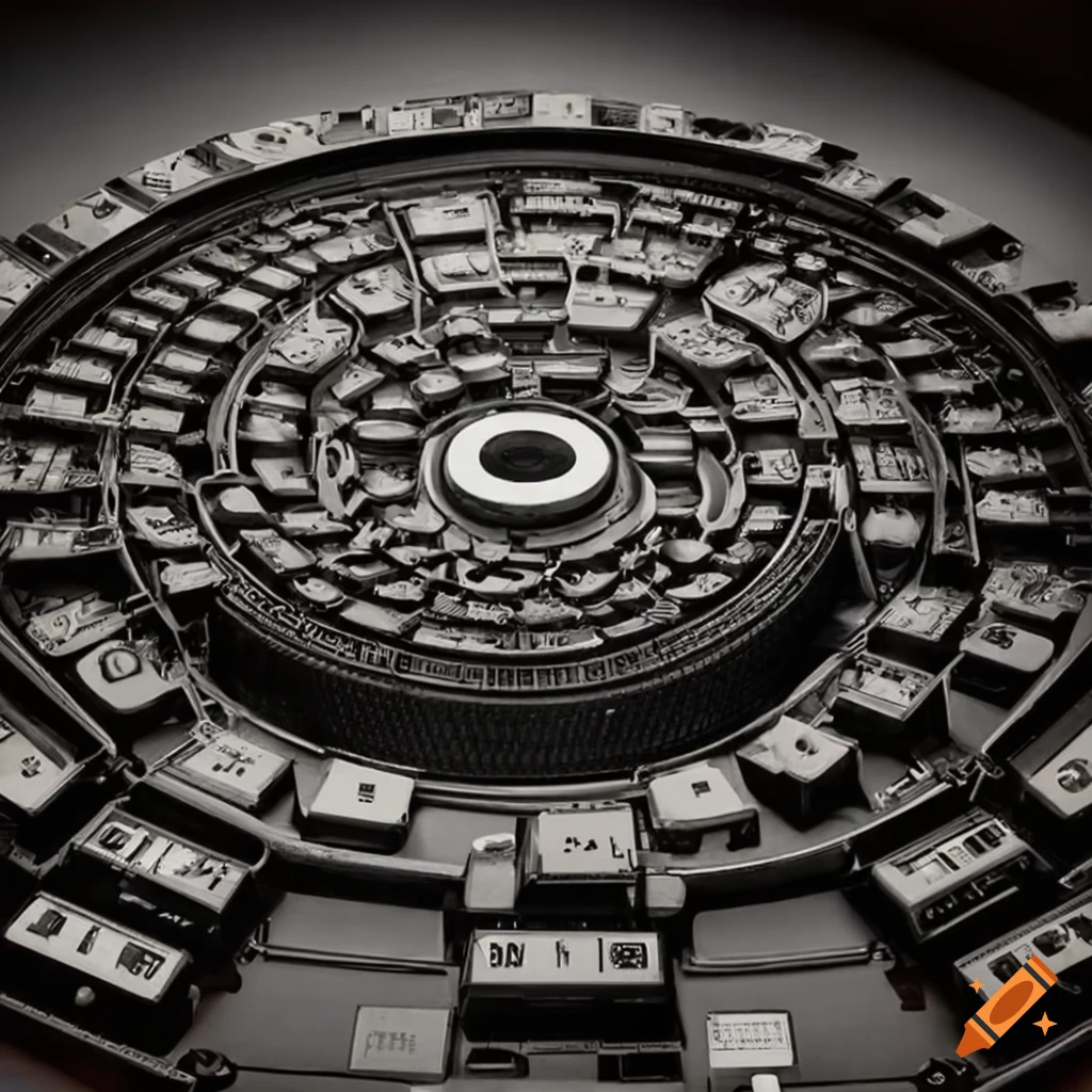 Giant computer with robotic head and buttons in a retro setting on Craiyon