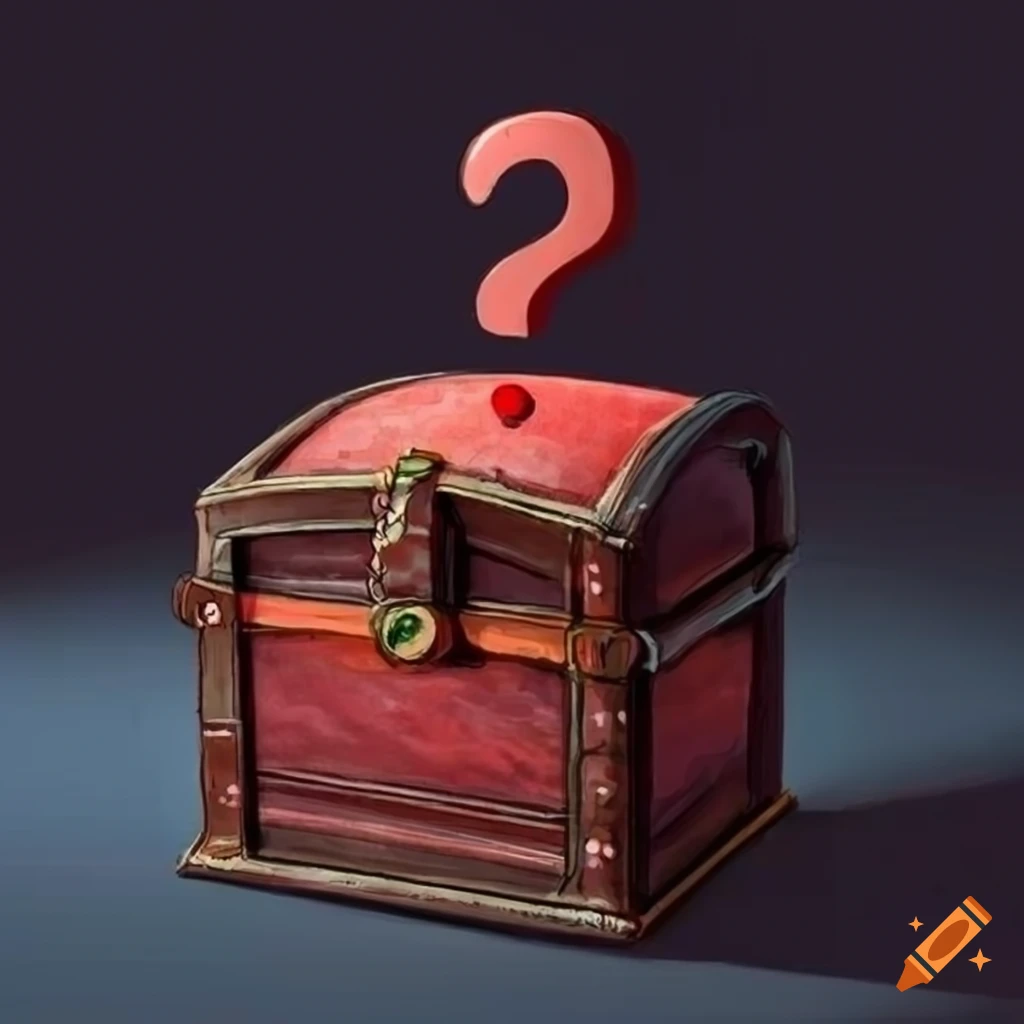 Technical drawing of a treasure chest with a red question mark design ...
