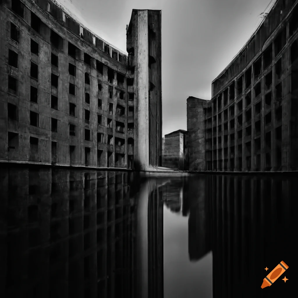 Brutalist concrete megastructure in the rain on Craiyon