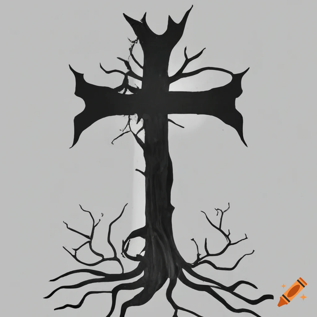 Christian cross intertwined with tree roots in black and white on Craiyon