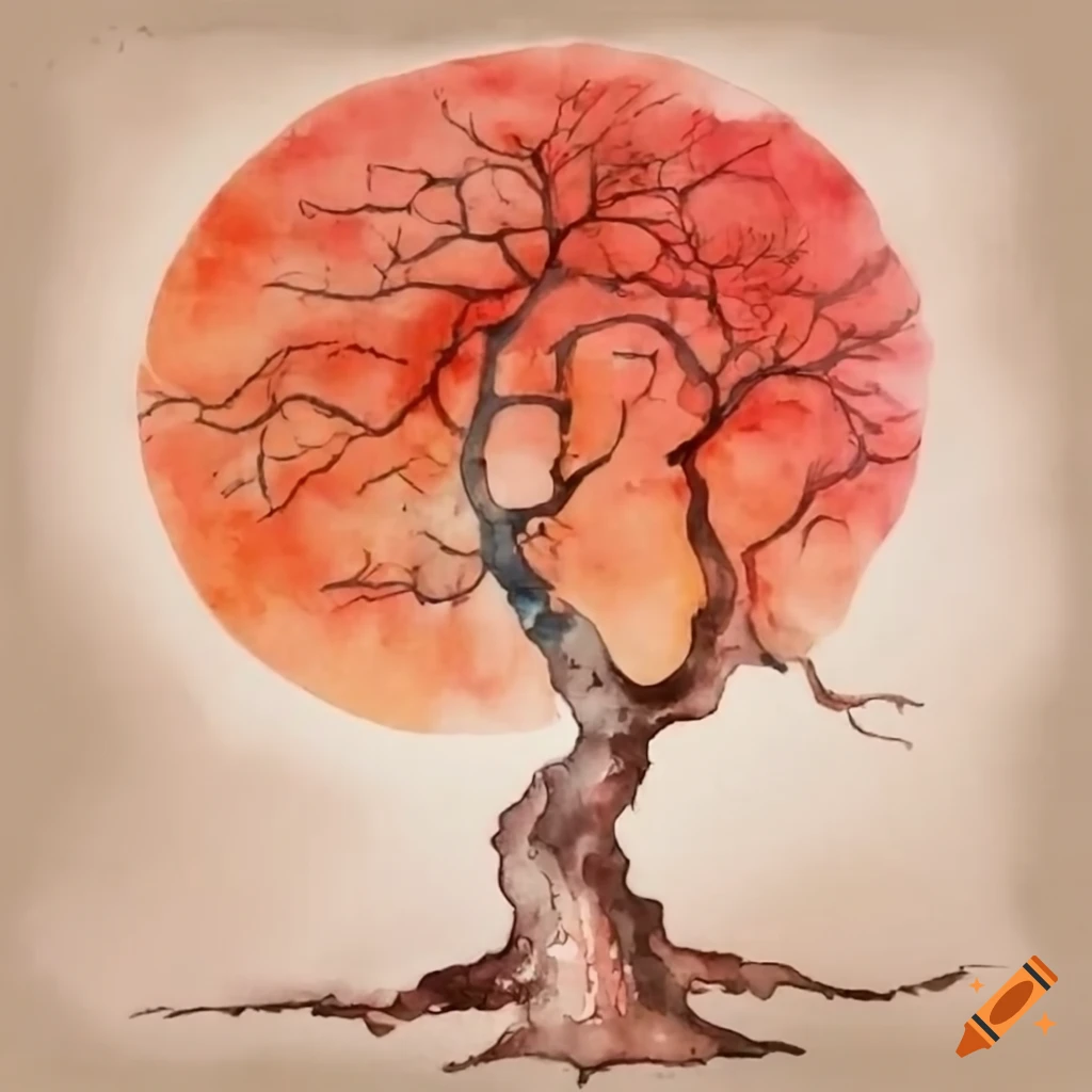 Ancient Japanese style tree with red sun on Craiyon