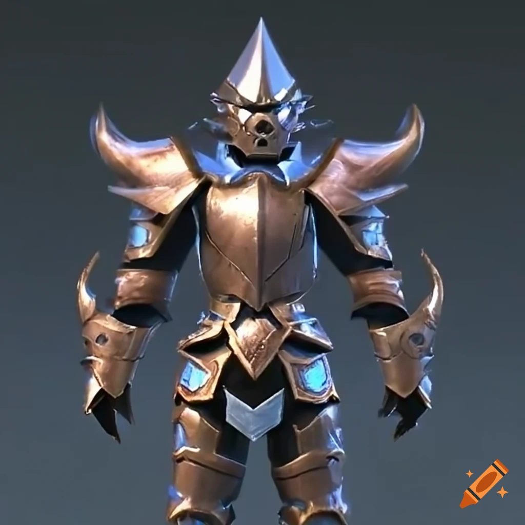 Mythic shiny fantasy master armor made of steel with front view on Craiyon