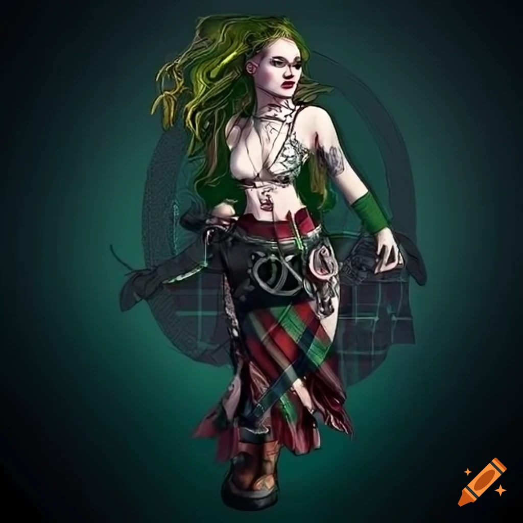 Celtic punk female character fusion with tartan kilts and leather ...