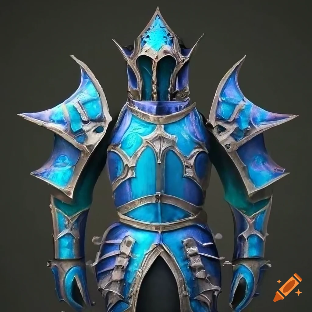 Mythic fantasy azure gothic armor made of steel, front view with ...