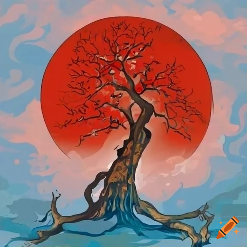 Ancient japanese style tree with a red sun on Craiyon