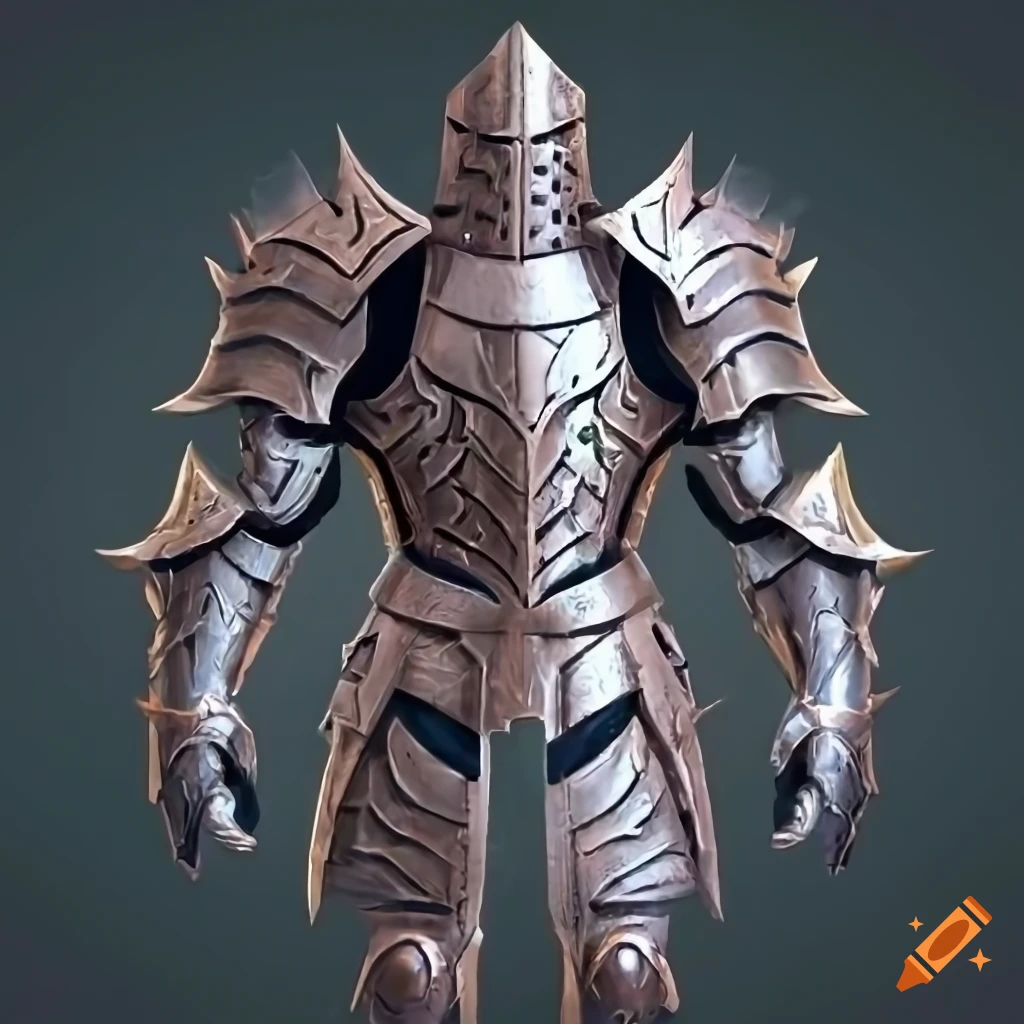 Shiny mythic fantasy master armor made of steel in symmetrical front view on Craiyon