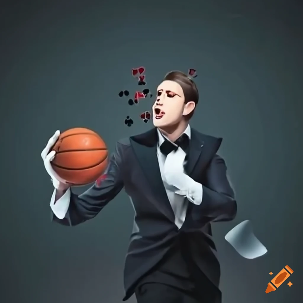 Magician playing basketball and performing a card trick on Craiyon