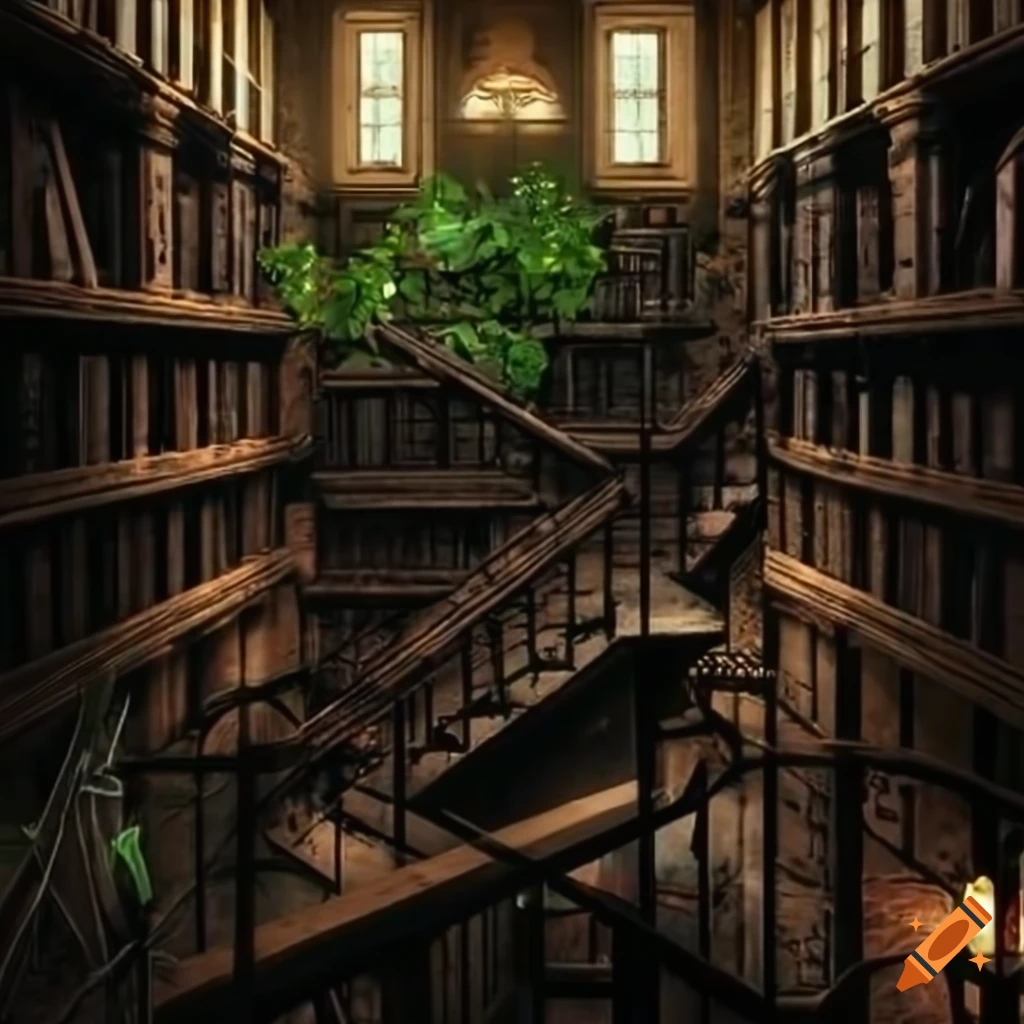 Cozy futuristic library with dark ambiance, windows, and plants on Craiyon