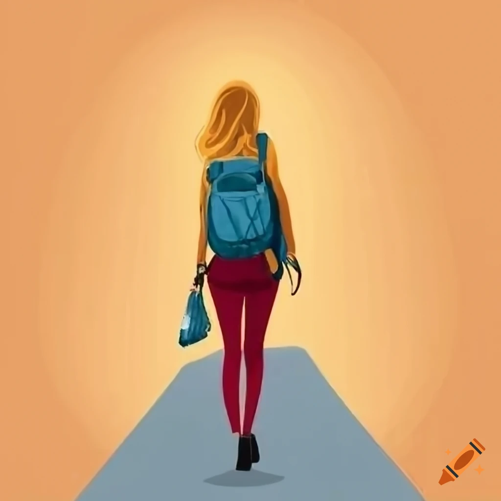 Blonde woman walking up an uphill road with a backpack in clean style ...