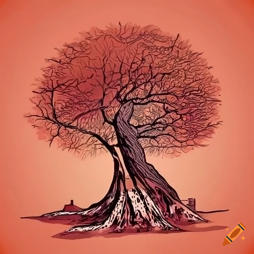 Ancient japanese style tree with red sun on Craiyon