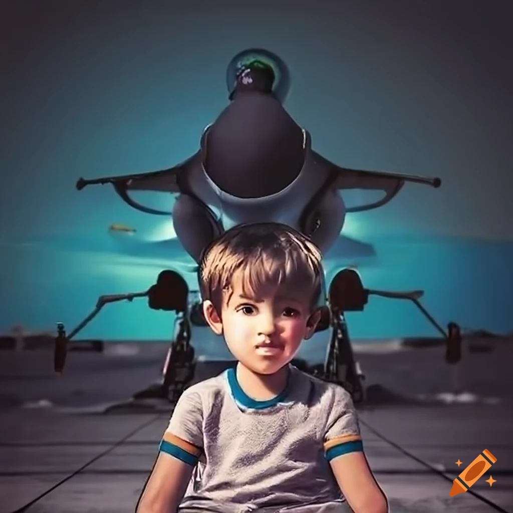 Boy sitting on f16 jet on Craiyon