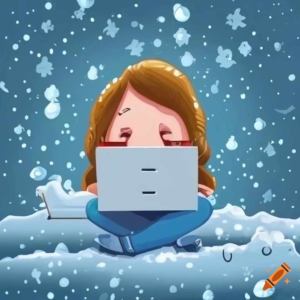 Cartoon character using a laptop in a snowstorm on Craiyon