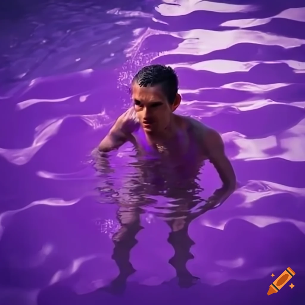 Man with wet purple skin by a purple pool on Craiyon