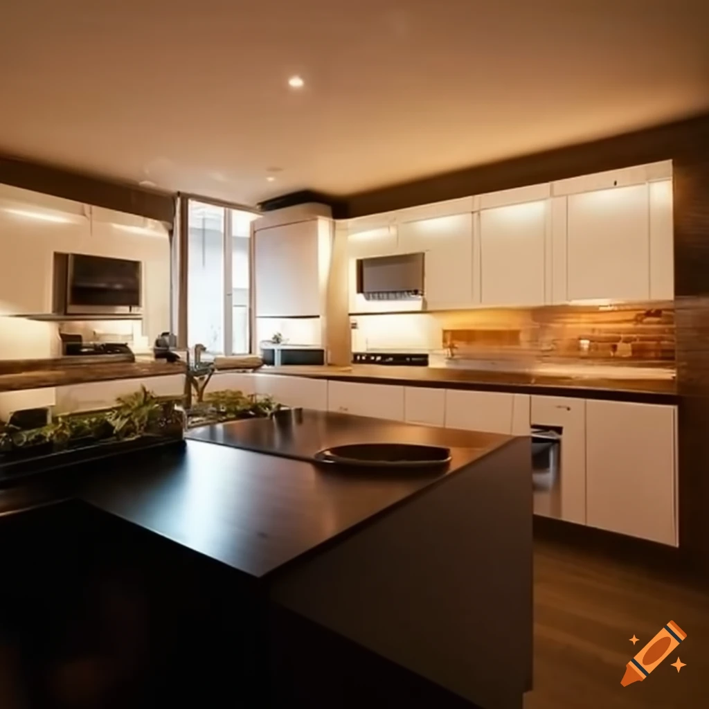 Modern kitchen interior with warm lighting on Craiyon