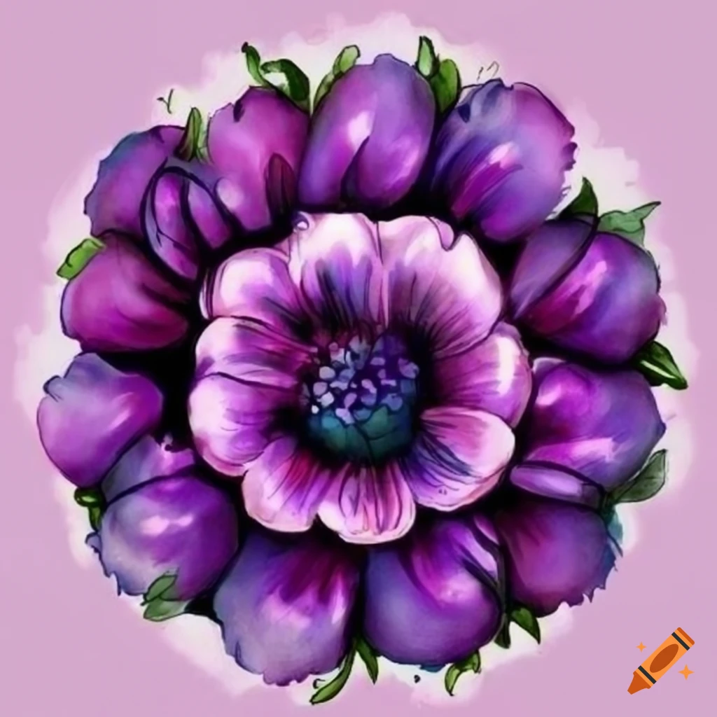 White circle surrounded by small violet flowers in a drawing on Craiyon