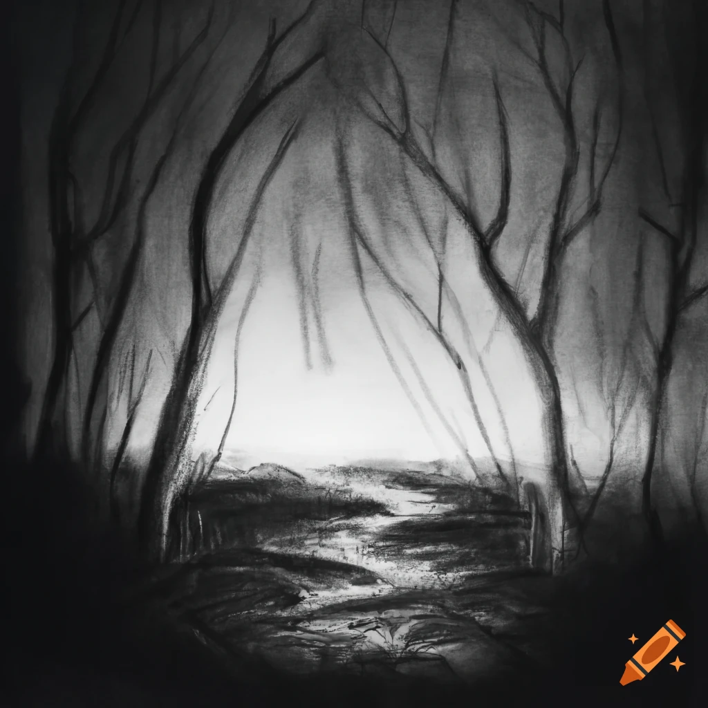 Distant landscape with dark forest on the horizon in a charcoal drawing ...