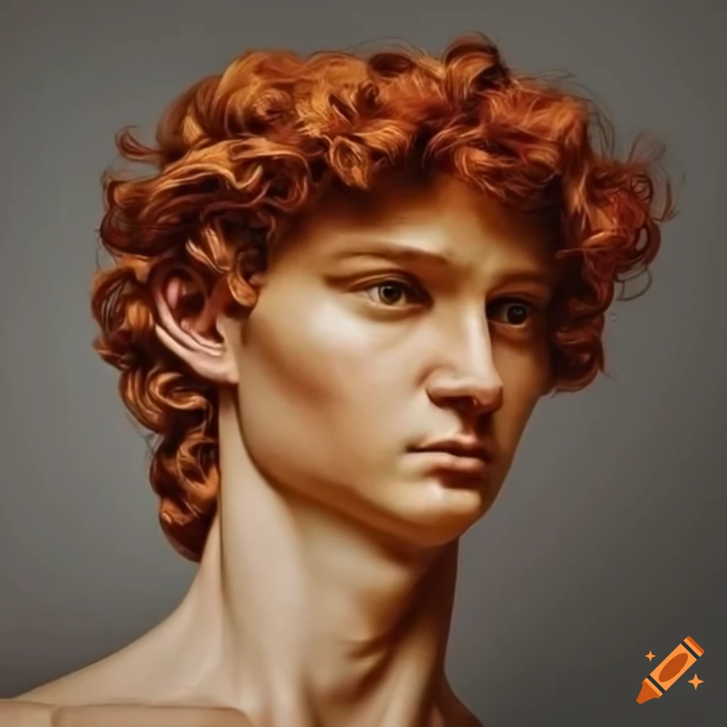 Curly red-haired young man resembling Michelangelo's David on Craiyon
