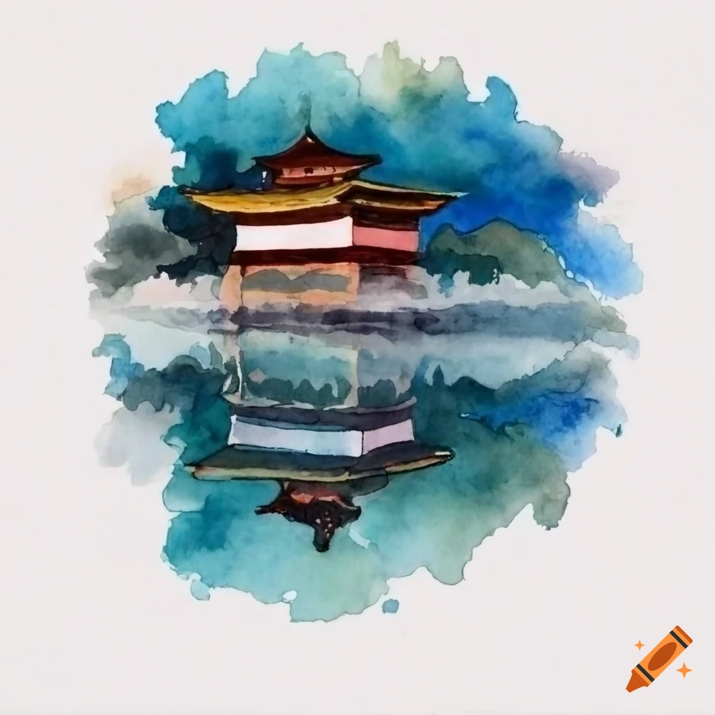 Japanese landscape with rippling reflection in watercolor style on Craiyon