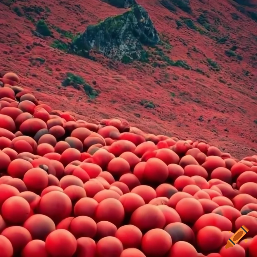 Mountain landscape with red balls scattered around on Craiyon
