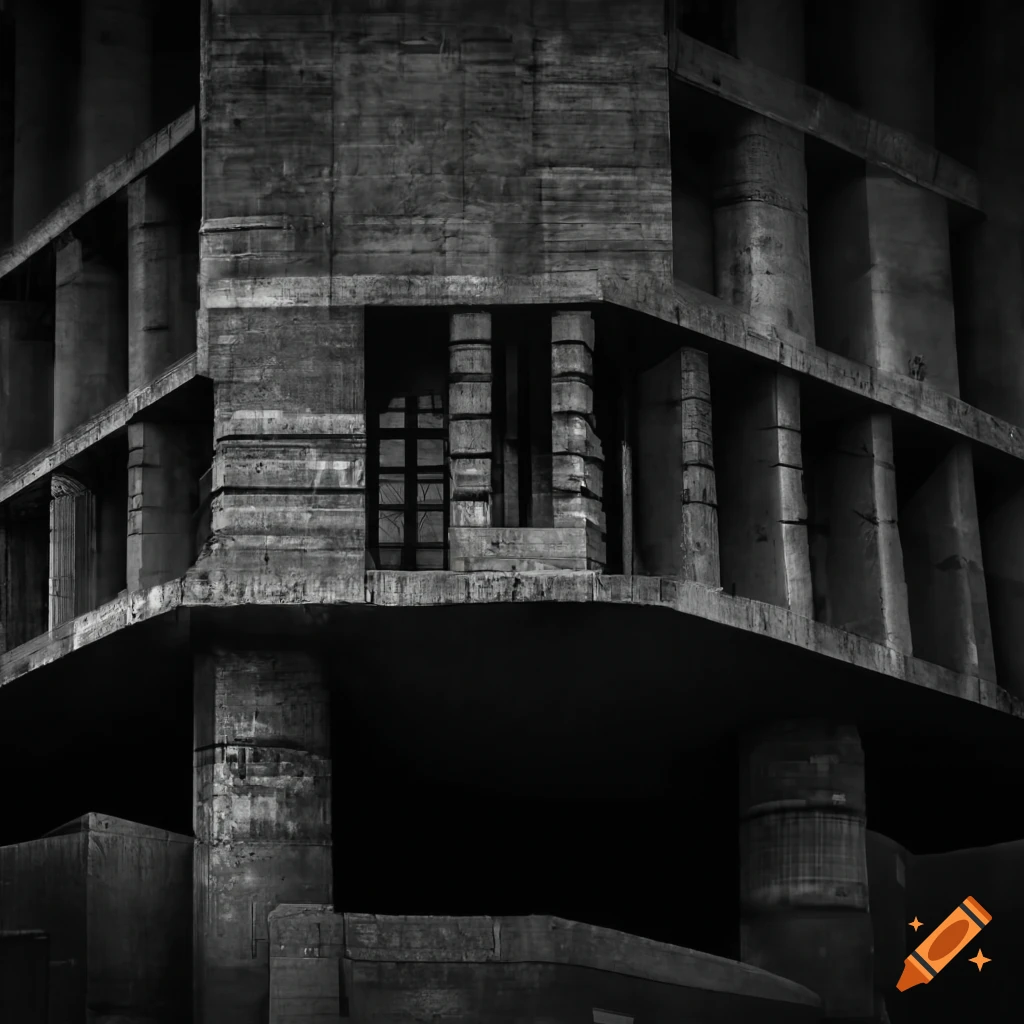 Brutalist concrete megastructure in a dark monochrome setting on Craiyon