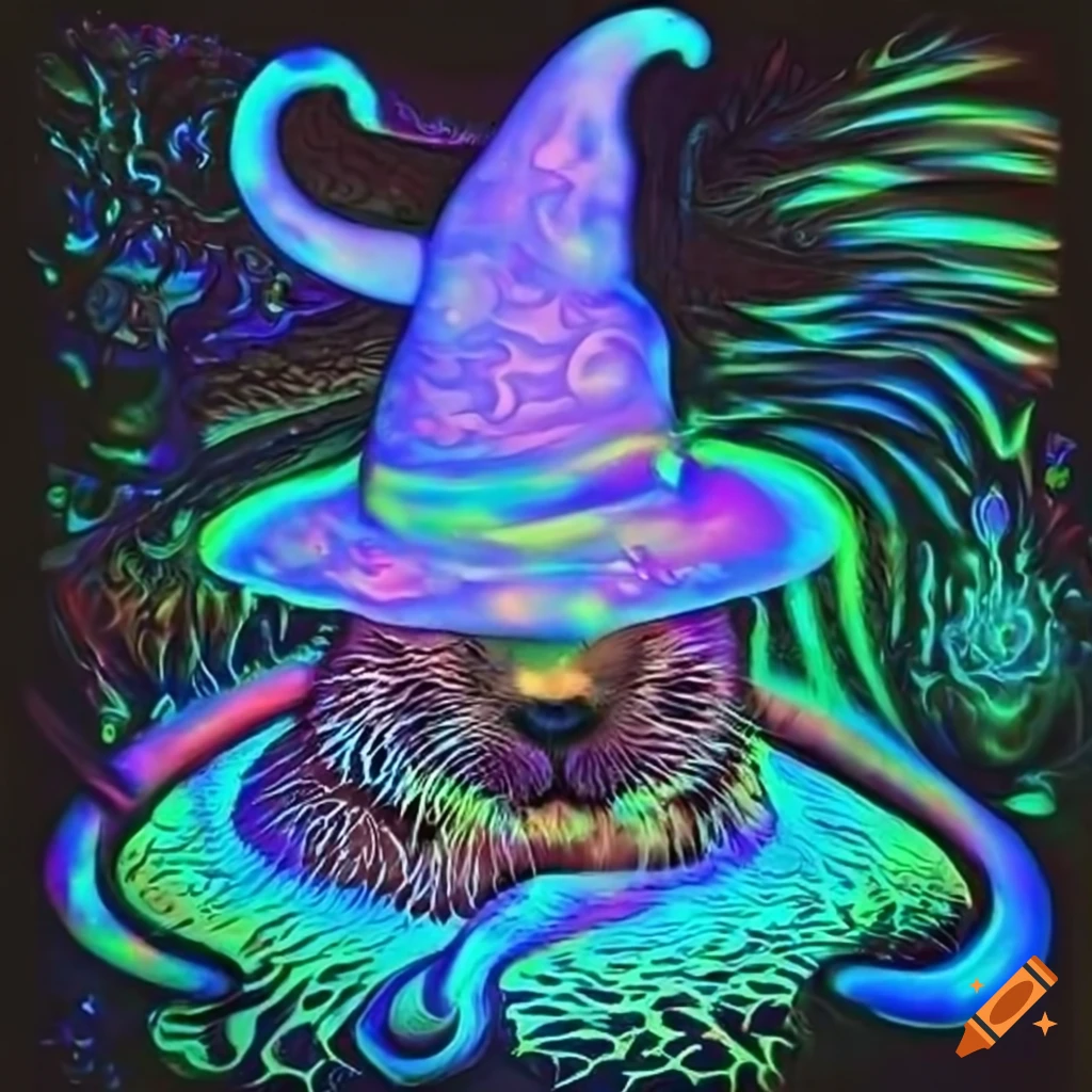 Trippy white otter in a wizard hat on an open spellbook with swirling ...