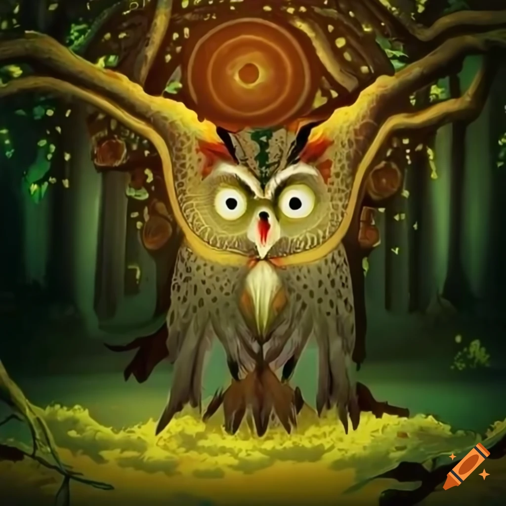 Ancient oak tree in a mystical forest with a wise owl perched on a ...