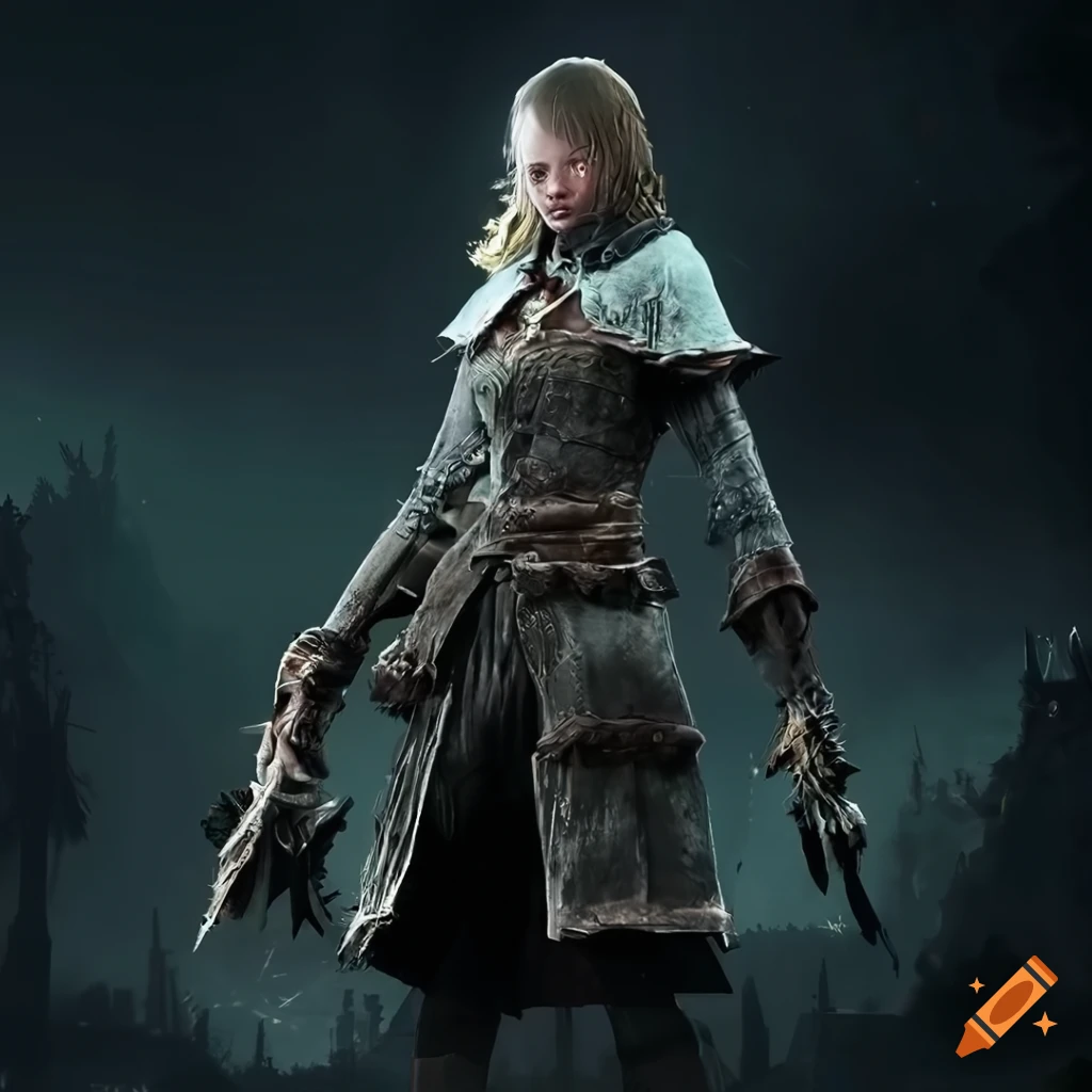 Female hunter in a dark gothic world inspired by Bloodborne on Craiyon