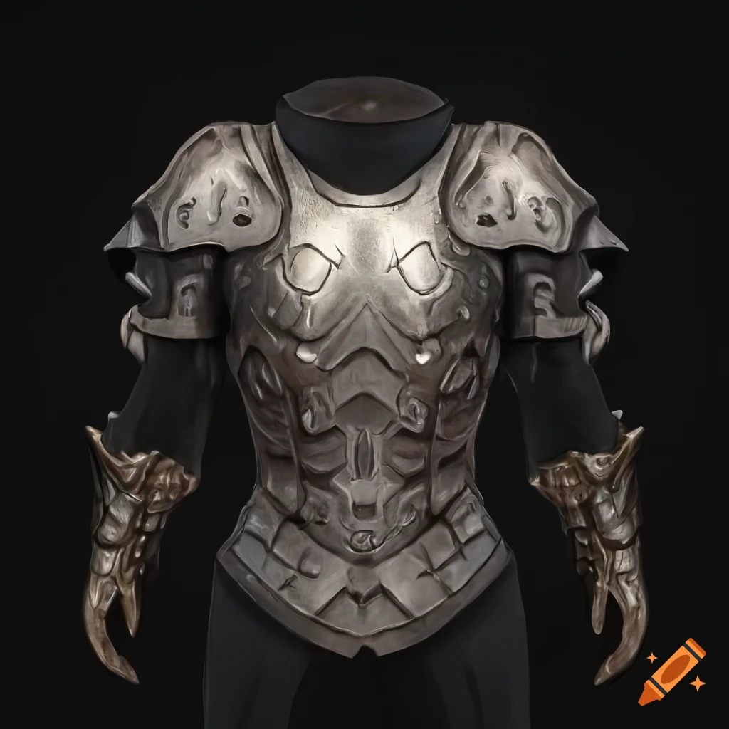 Mythic shiny steel armor with symmetrical front view on Craiyon