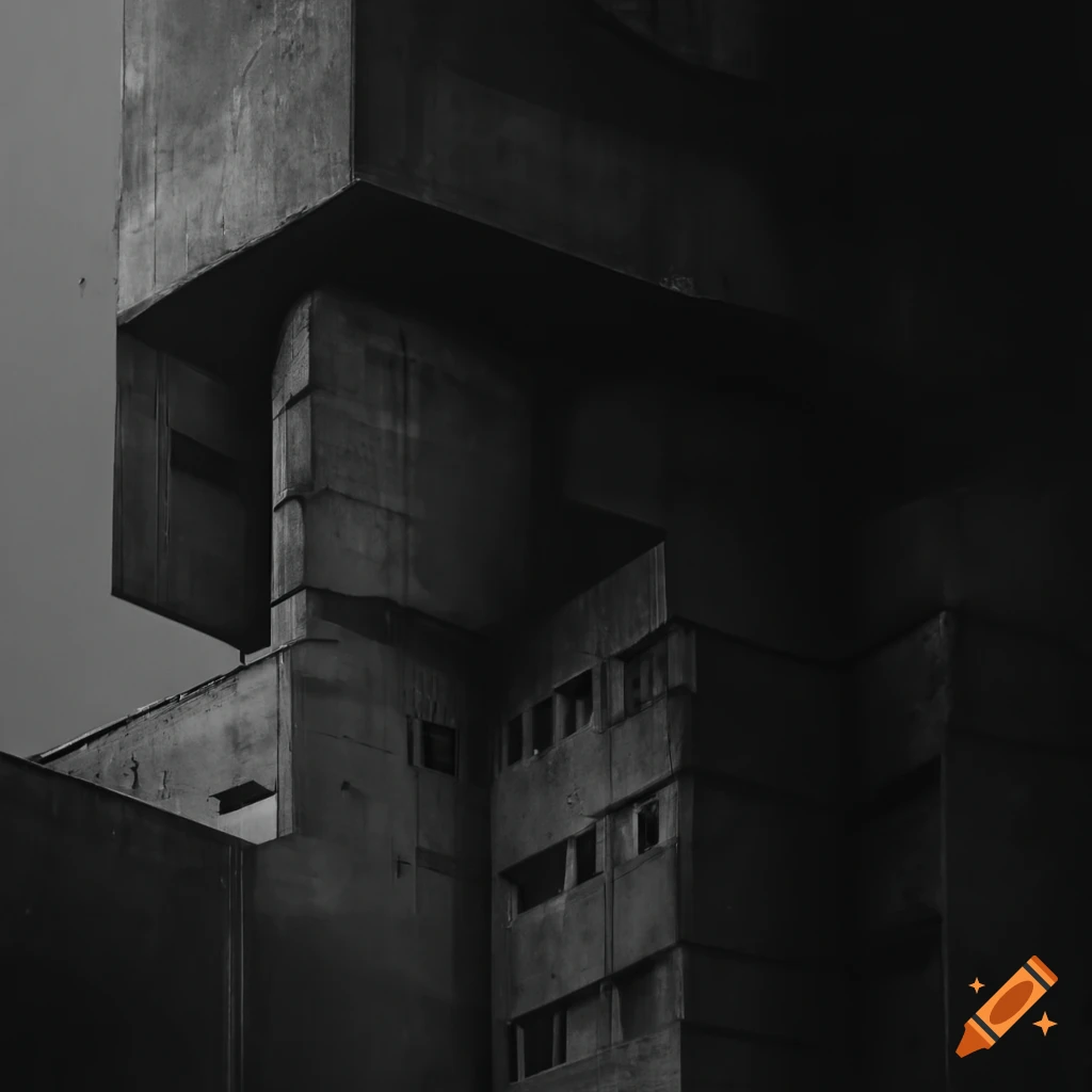 Brutalist concrete megastructure in the rain in monochrome on Craiyon