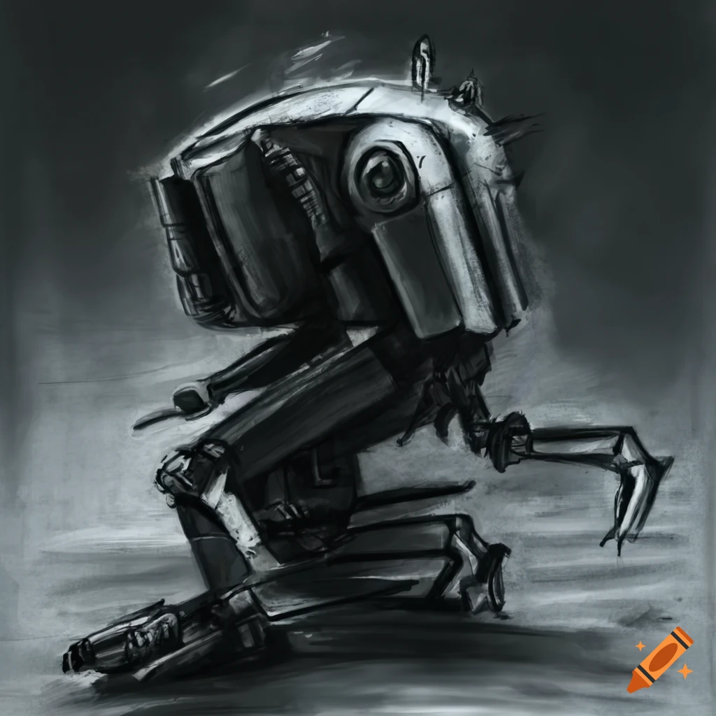 Dieselpunk combat robot in a loose charcoal sketch on Craiyon