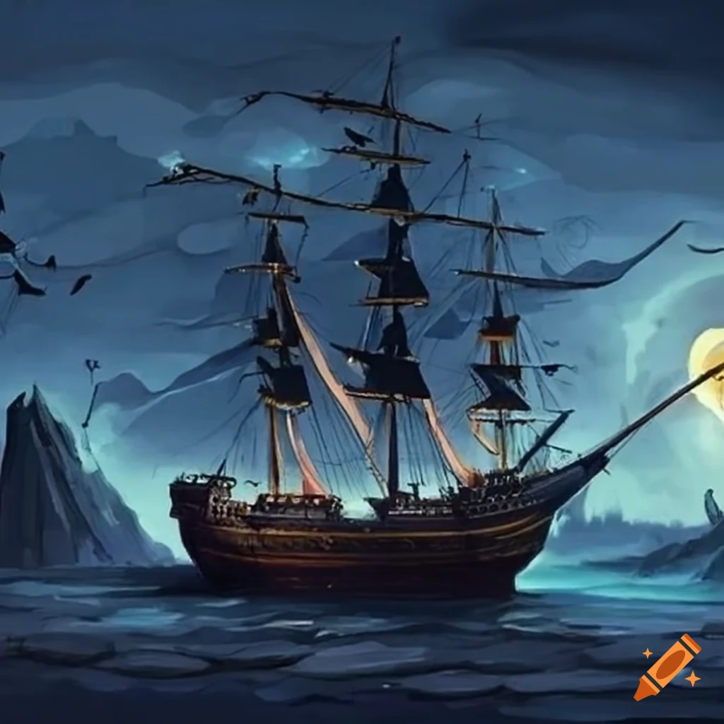 Pirate brigantine ship with 20 big cannons at night on Craiyon