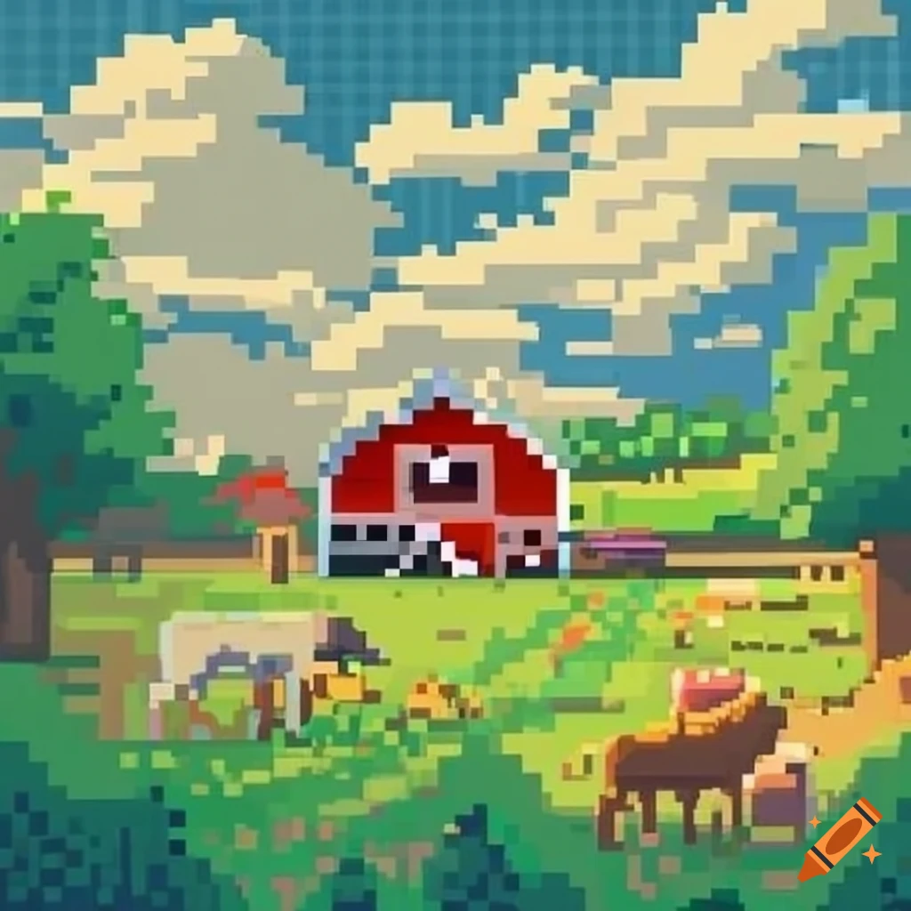 Pixel art of a farm with animals and crops under a cloudy sky on Craiyon