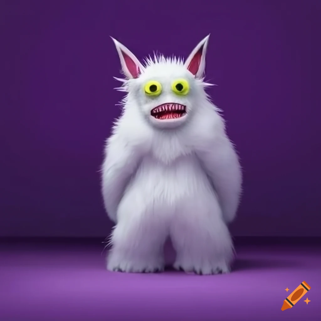 White fur monster in a purple room on Craiyon