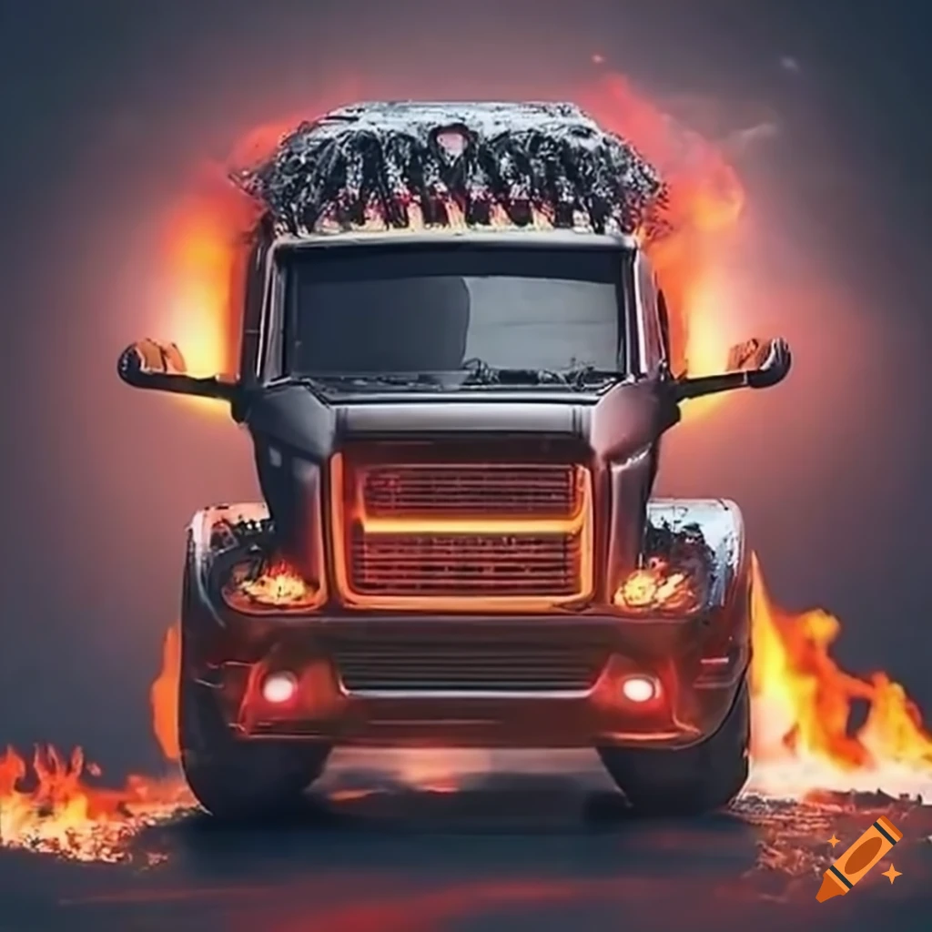 Devil-themed truck driving through flames on Craiyon