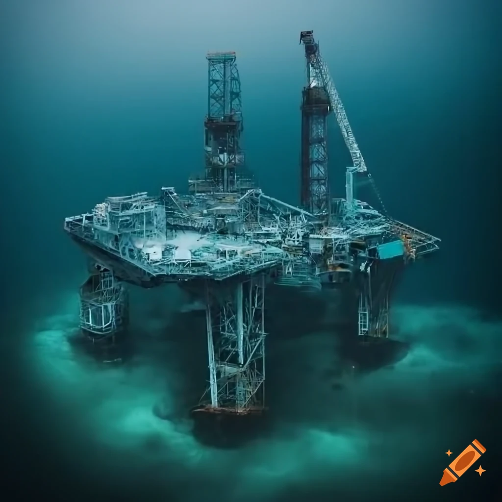 Collapsing oil platform in dark waters from overhead view on Craiyon