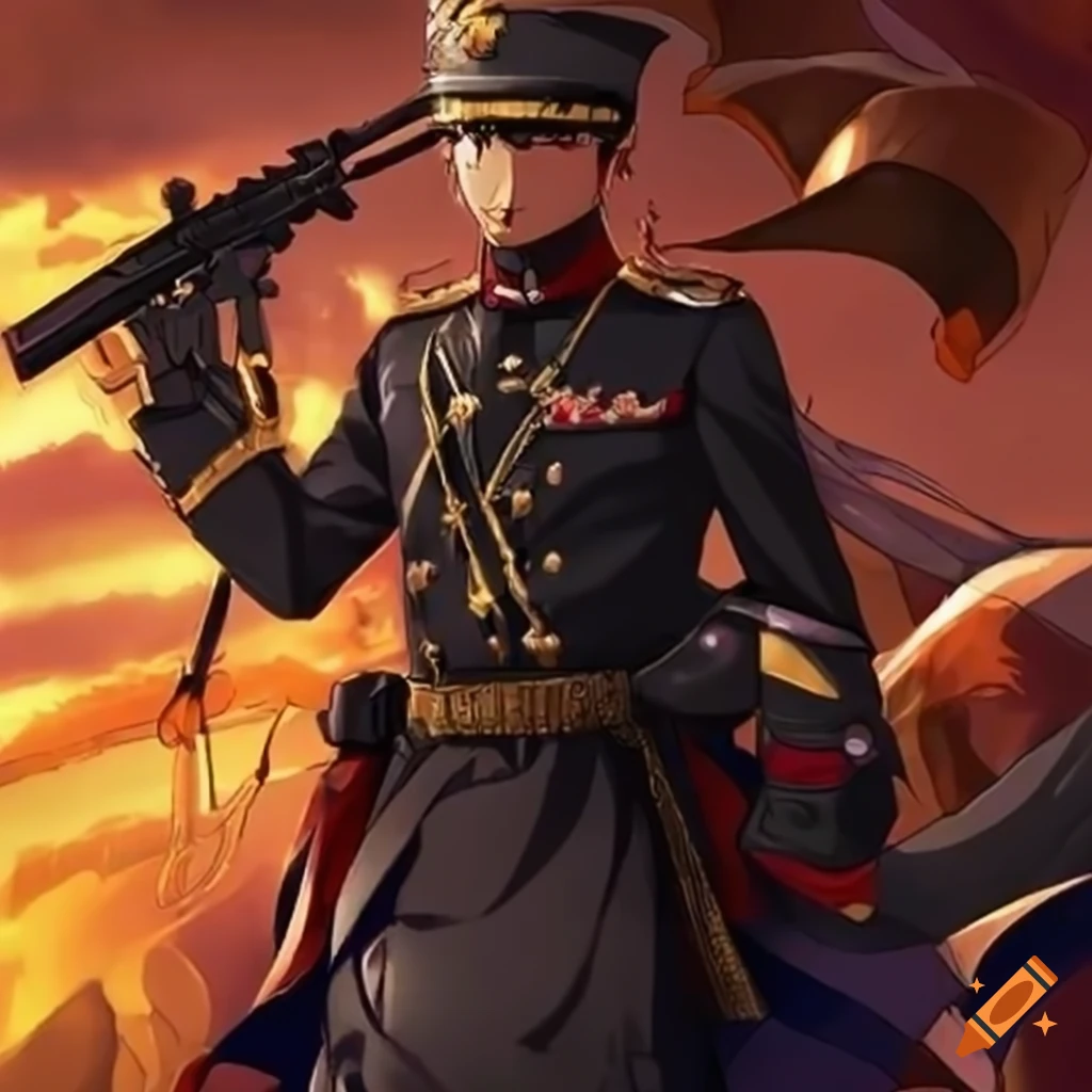 Anime marshal military adorned with medals and armed with a royal force ...