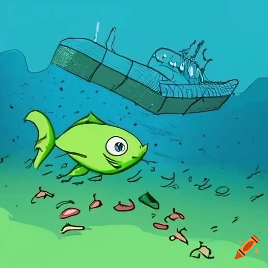Simplistic green fish escaping a sinking battleship on Craiyon