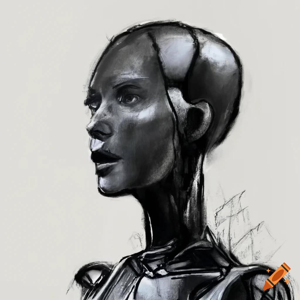 Metropolis female robot in loose charcoal sketch on Craiyon