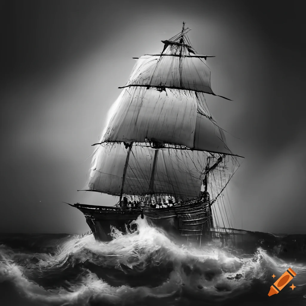 Pirate ghost ship on rough seas in high contrast grayscale on Craiyon
