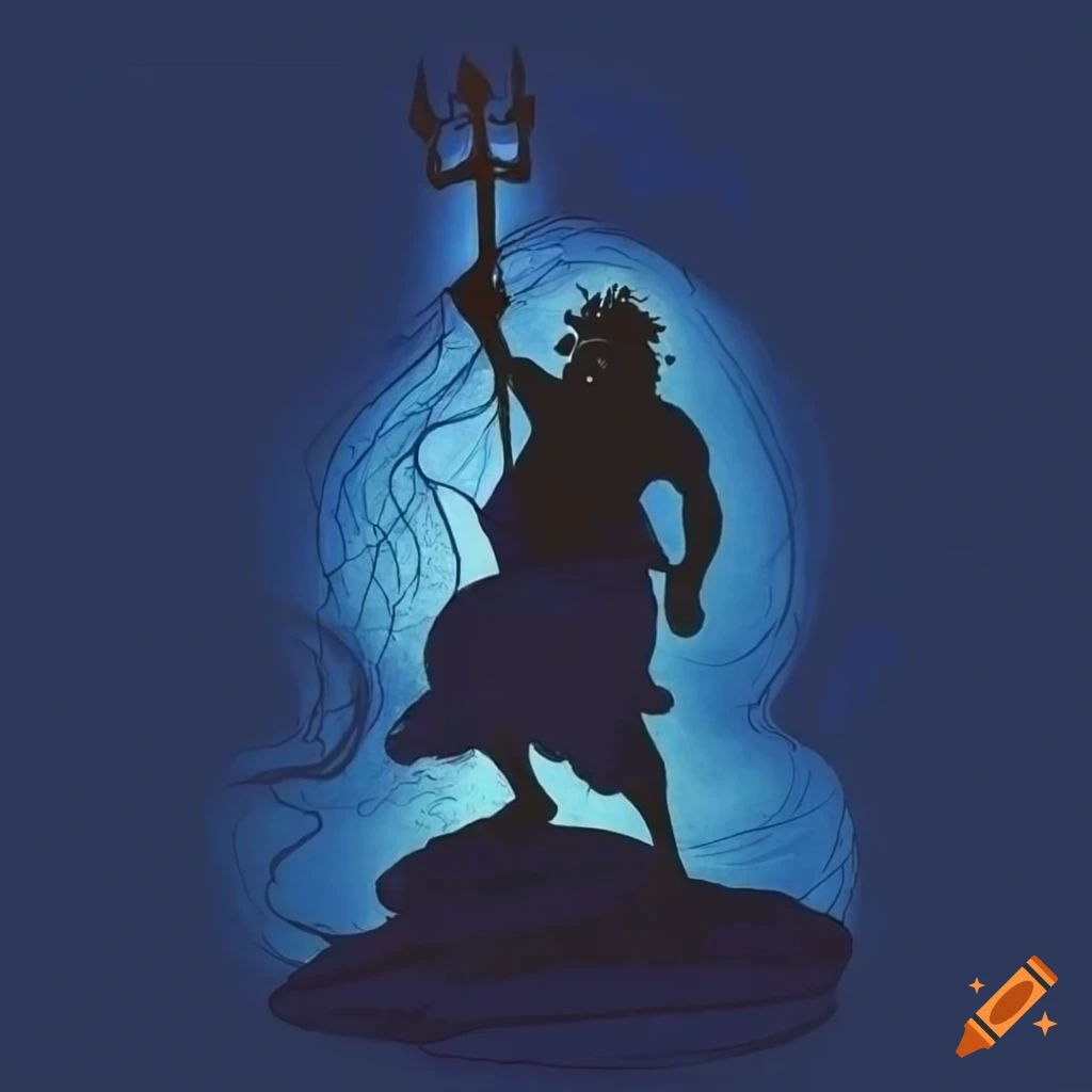 Silhouette of Poseidon with a trident on a rock surrounded by dark blue ...