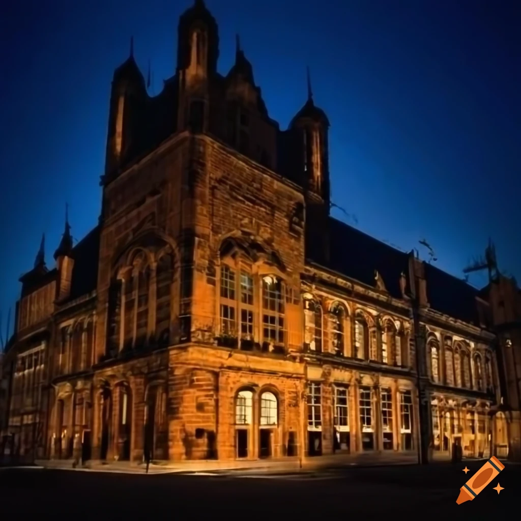 Large school building illuminated at night from a low angle view on Craiyon