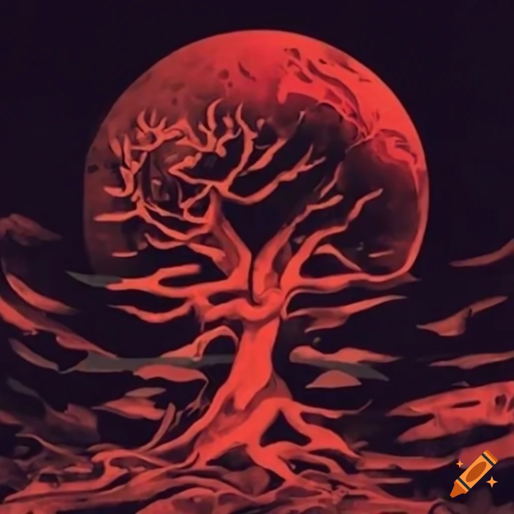 Ancient japanese style tree with a red sun on Craiyon