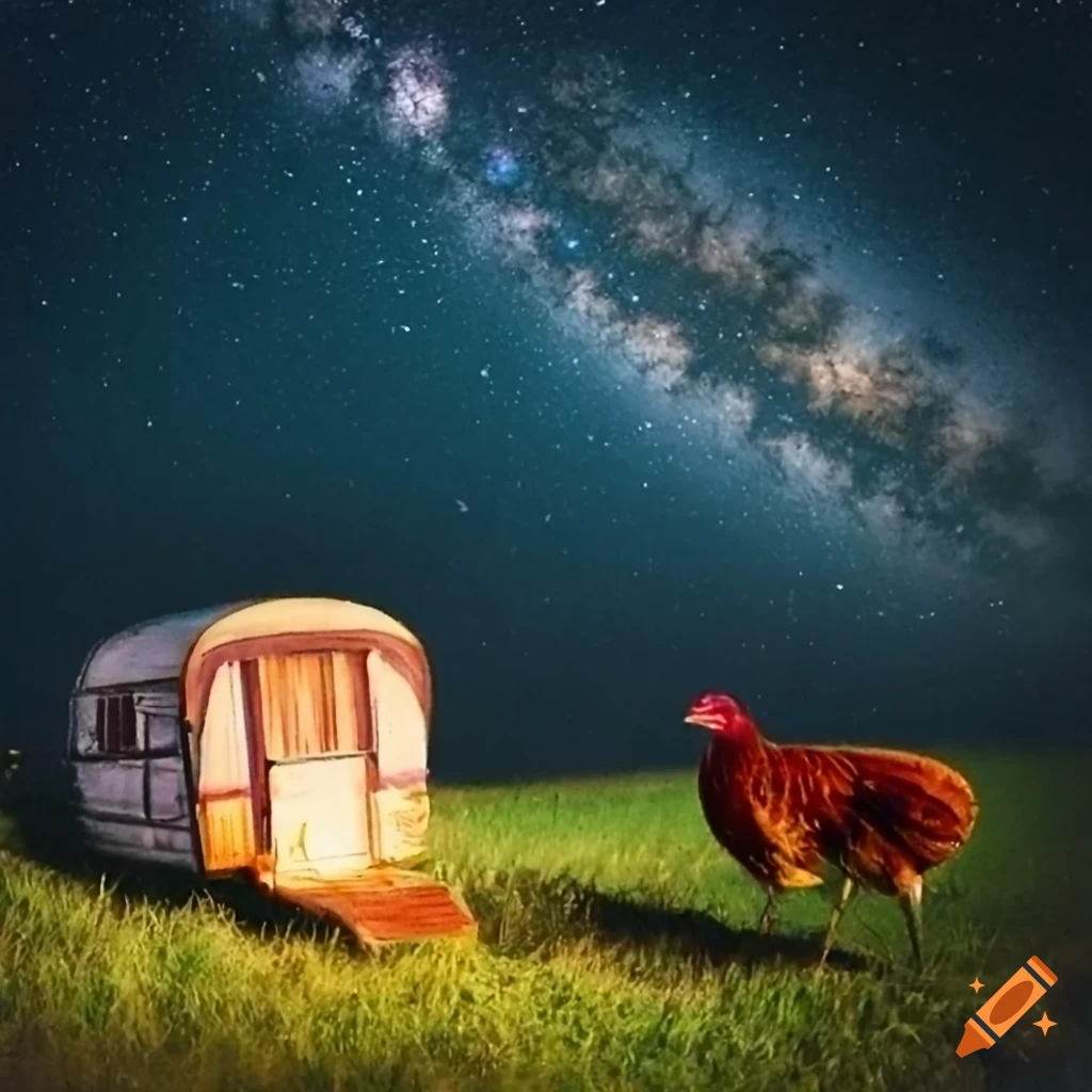 Caravan with chickens and sheep under a starry night sky on Craiyon