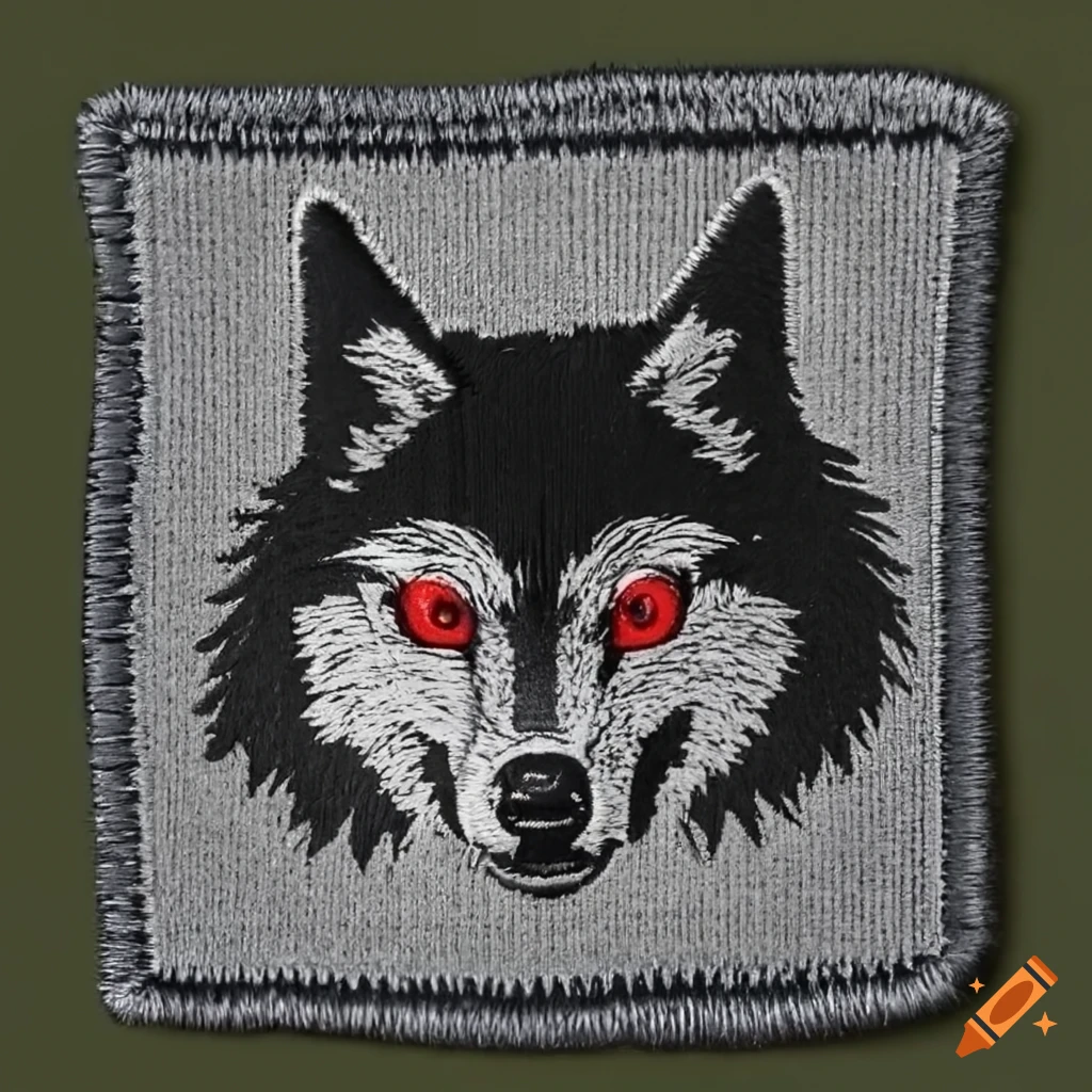 Monochrome wolf head logo with red eyes on a military patch on Craiyon